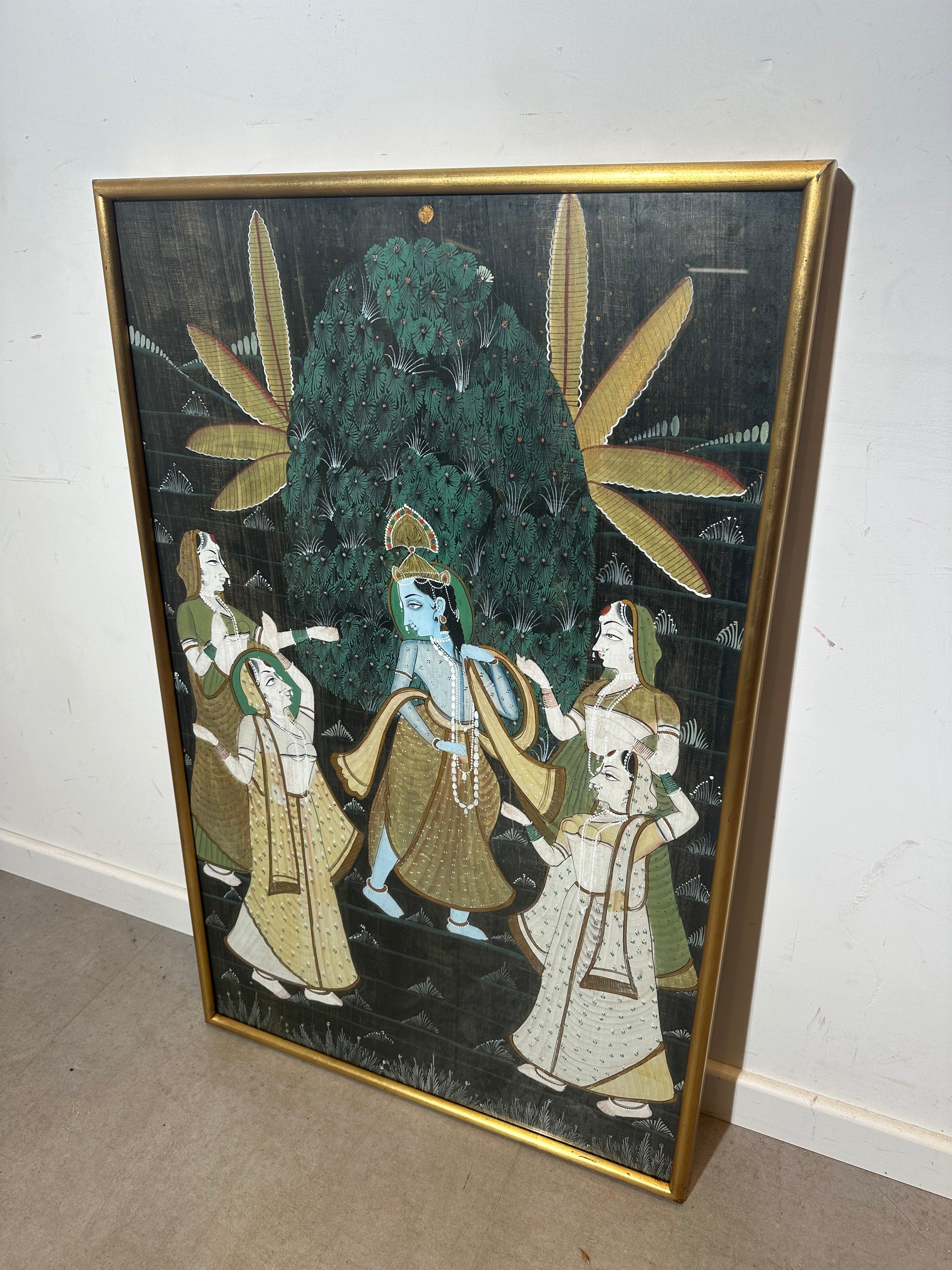 Antique Indian Krishna Silk Painting in Gilt Frame | Troc Leuven